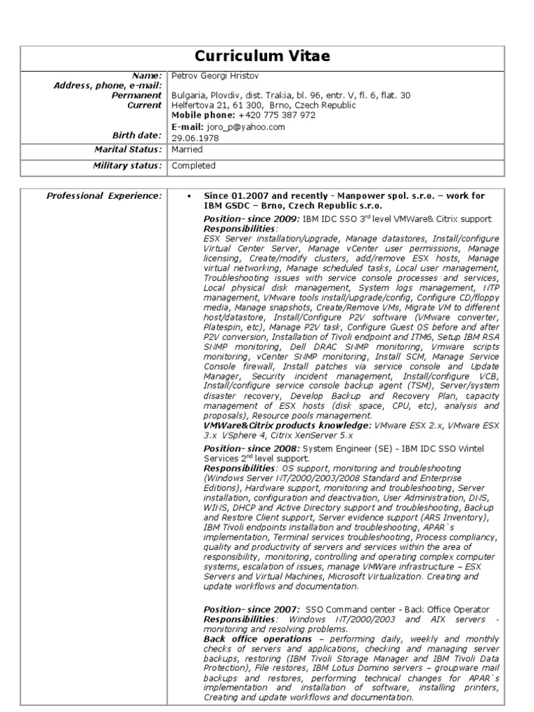 CV Georgi Petrov EN | PDF | V Mware | System Software