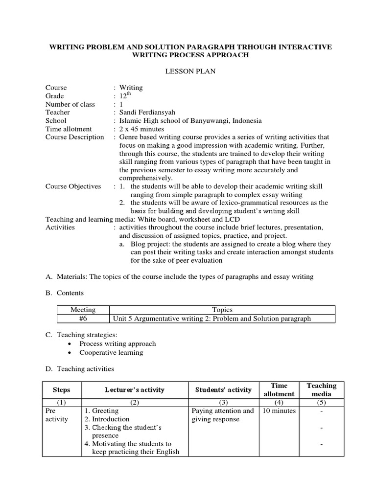 Lesson Plan: WRITING PROBLEM AND SOLUTION PARAGRAPH TRHOUGH INTERACTIVE ...