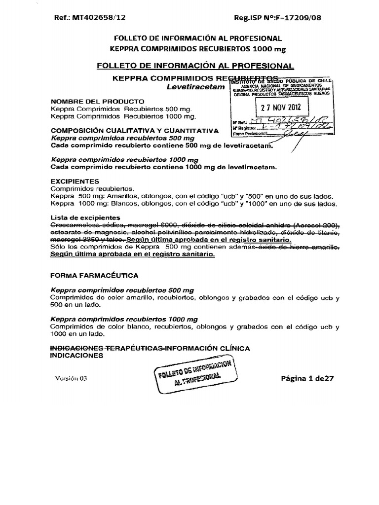 Kepra Comprimidos Recubiertos 1000mg | PDF