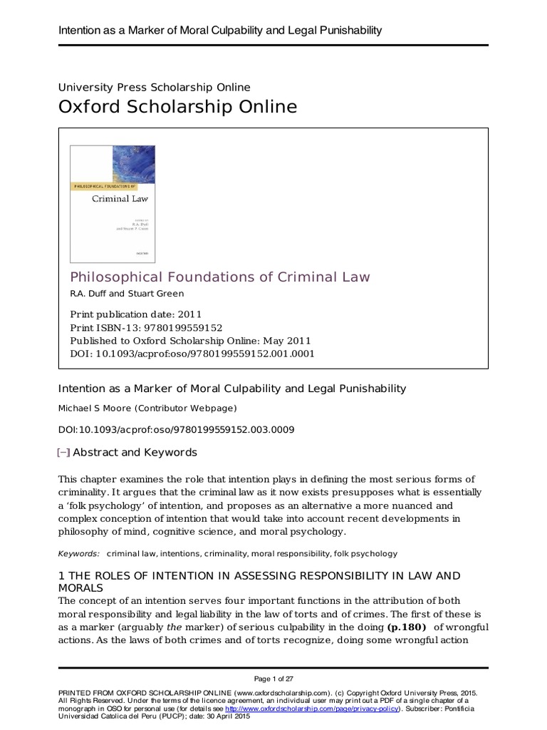 Intention As A Marker of Moral Culpability and Legal Punishability ...