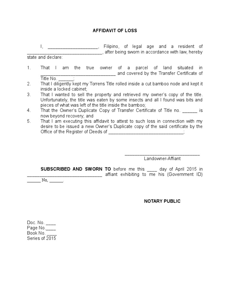 Affidavit of Loss for Land Title | PDF | Foreign Language Studies | Law