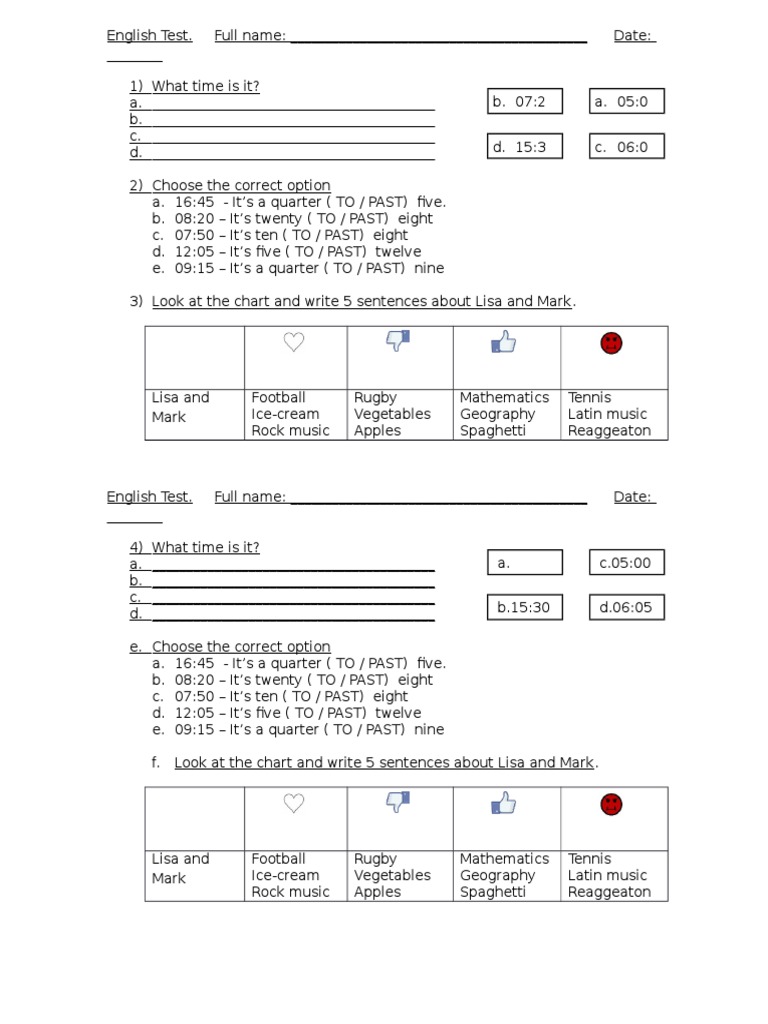 English Test: Time and Sentences Practice | PDF
