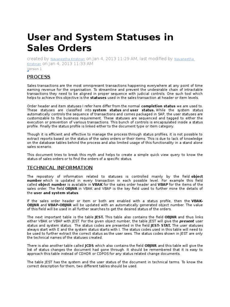 User and System Statuses in Sales Orders | PDF | Database Transaction ...