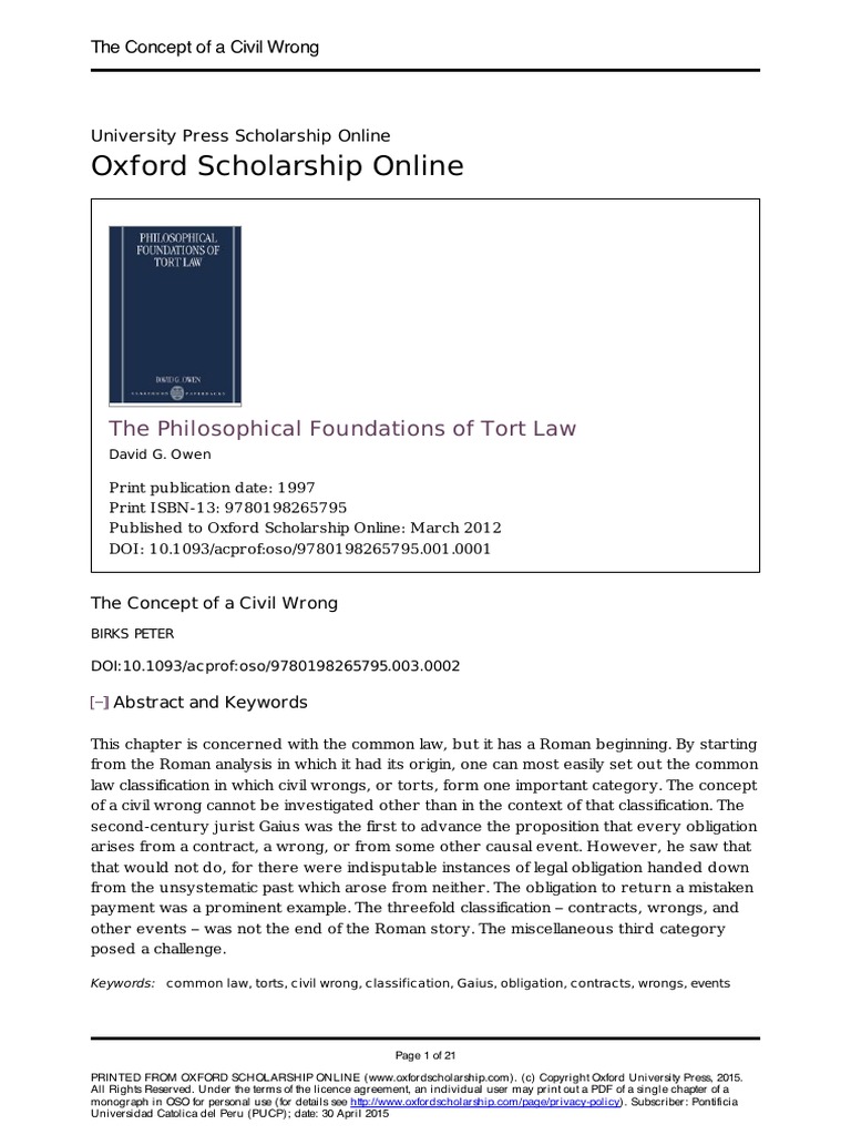 The Concept of A Civil Wrong | PDF | Restitution | Damages