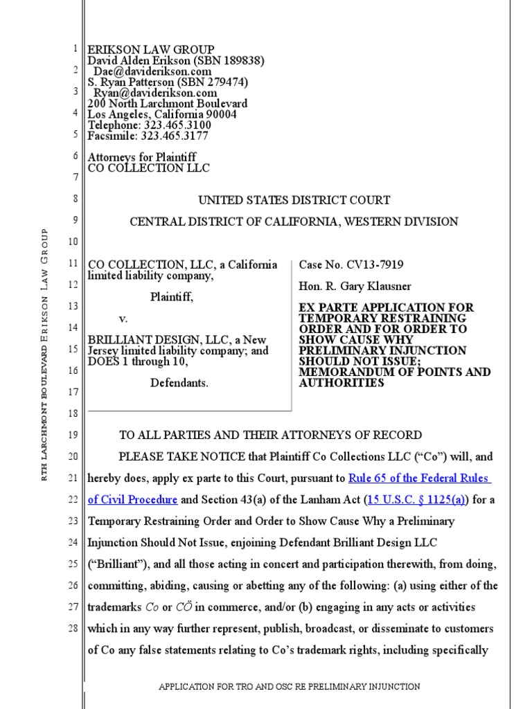 Ex Parte Application For TRO (Co v. Brilliant) With Tables | PDF ...