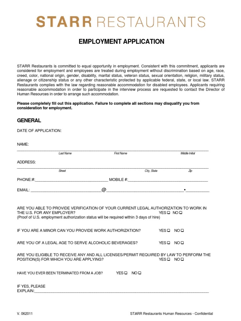 Starr Restaurants Application | PDF | Employment | Schools