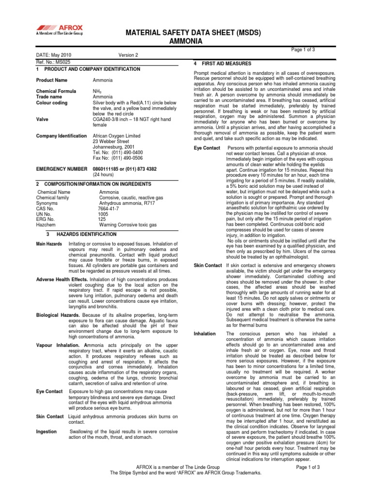 Material Safety Data Sheet for Anhydrous Ammonia: Hazards and Emergency ...