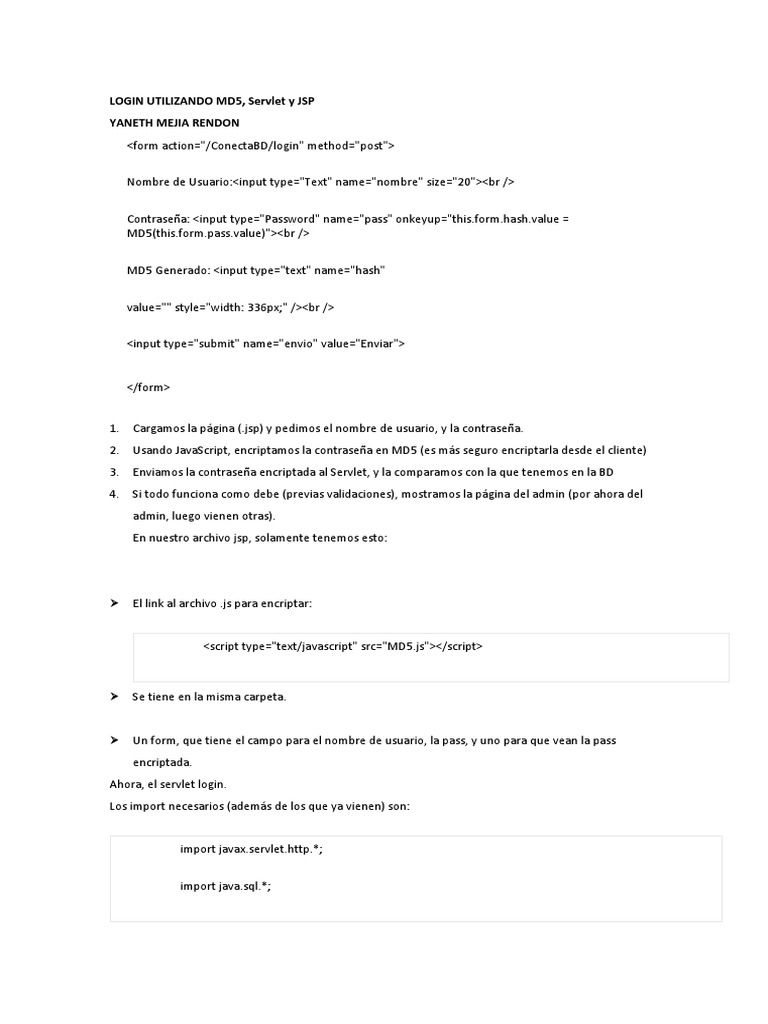 Login Utilizando Md5 Servlet Y Jsp Pdf Páginas Del Servidor Java Contraseña 
