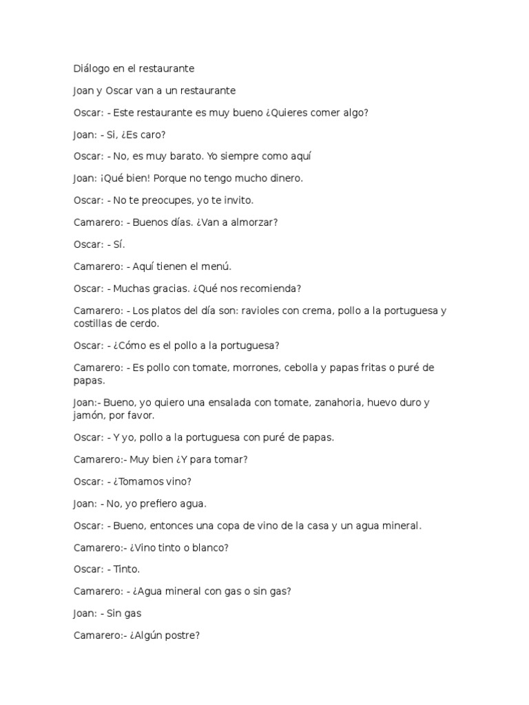 Diálogo en El Restaurante | Alimentos | Comida y vino | Prueba gratuita ...