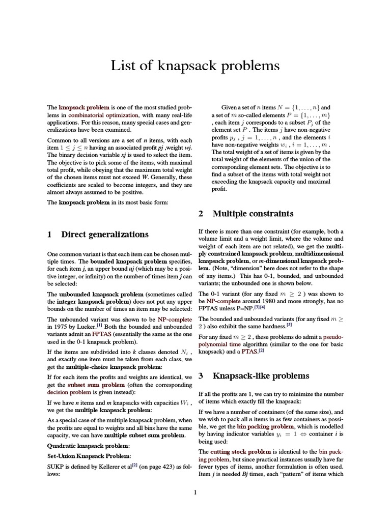 List of Knapsack Problems: 2 Multiple Constraints | PDF | Algorithms | Computational Complexity ...