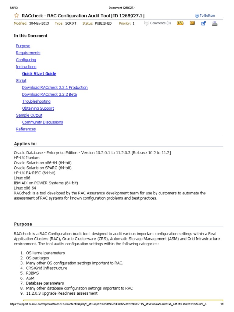Raccheck Rac Configuration Audit Tool Id 1268927 1 30 May 2013 Script Published 1 Pdf