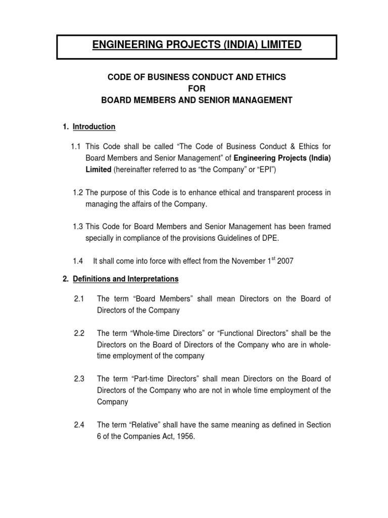 Code of Conduct | PDF | Board Of Directors | Integrity