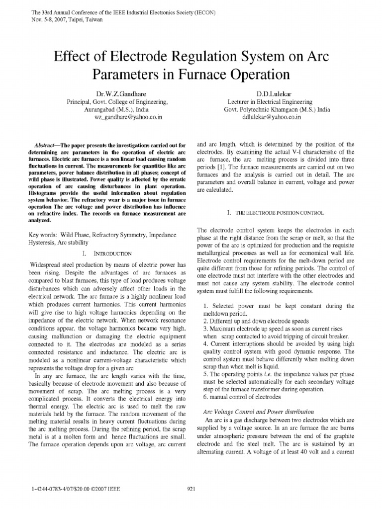 Electrode Regulation in Arc Furnaces | PDF | Electric Arc | Electrical ...