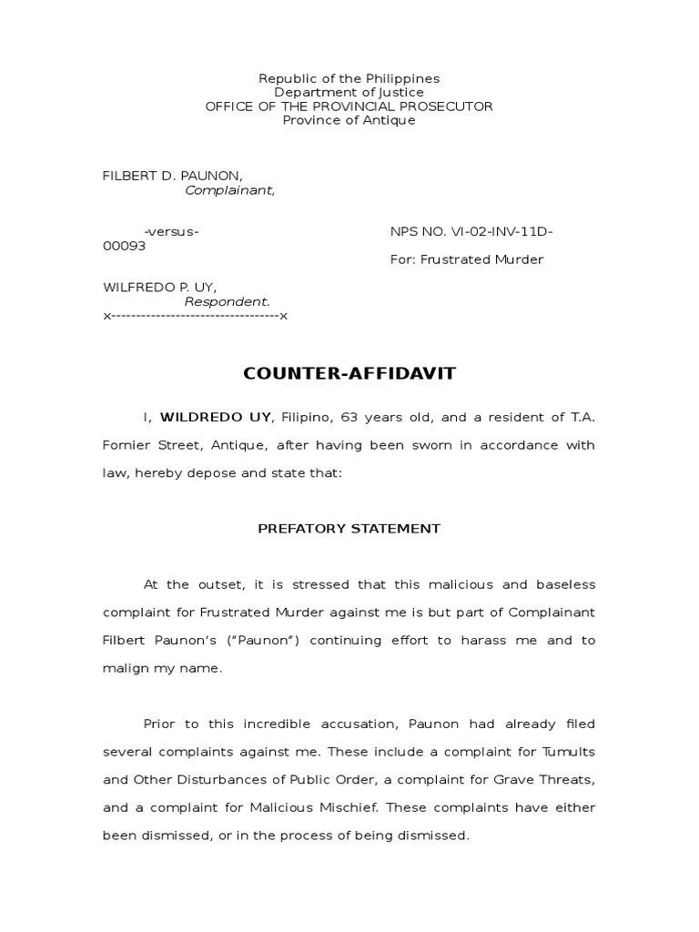 Counter Affidavit Sample Uy | Common Law | Public Law