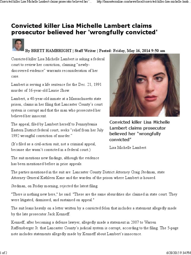 Convicted Killer Lisa Michelle Lambert Claims Prosecutor Believed Her ...