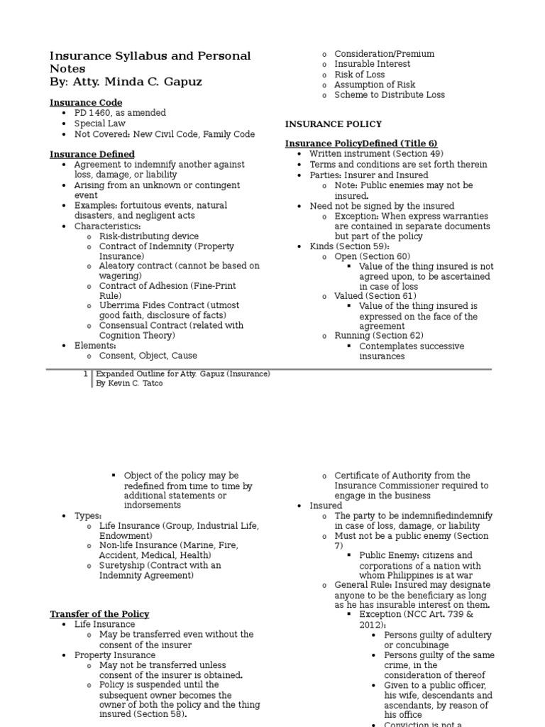 Comprehensive Outline and Notes on Insurance Law Concepts Covering the ...