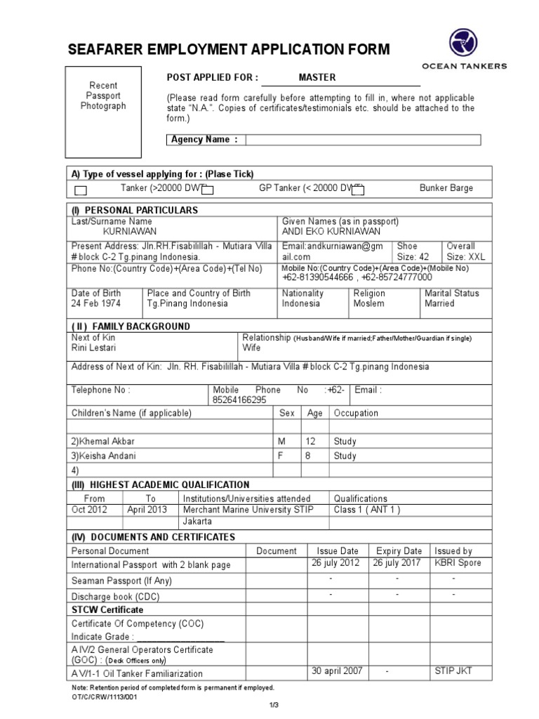 Seafarer Employment Application Form: (Husband/Wife if married;Father ...