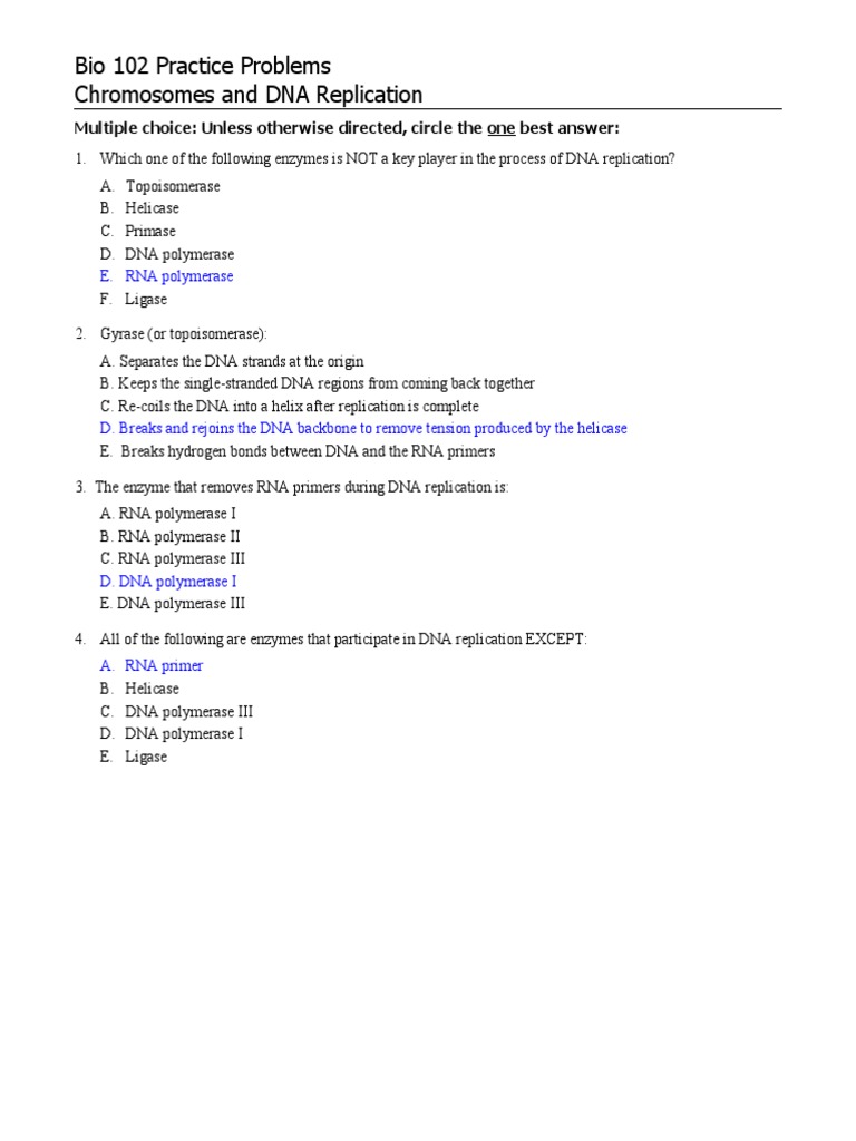 Bio 102 Practice Problems Chromosomes and DNA Replication | Download ...