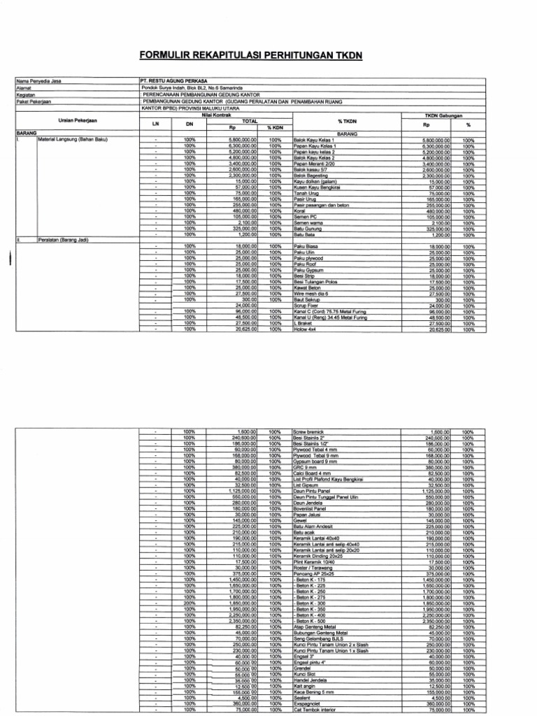 Contoh Formulir Rekapitulasi TKDN | PDF