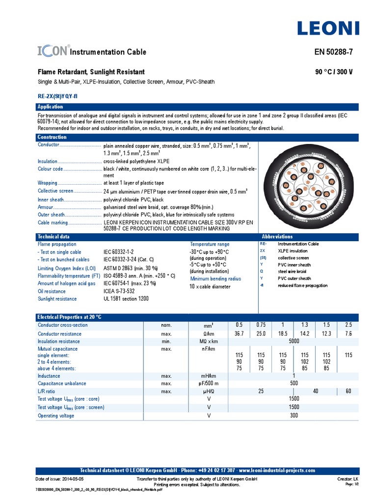 Instrumentation Cable EN 50288-7: Flame Retardant, Sunlight Resistant ...