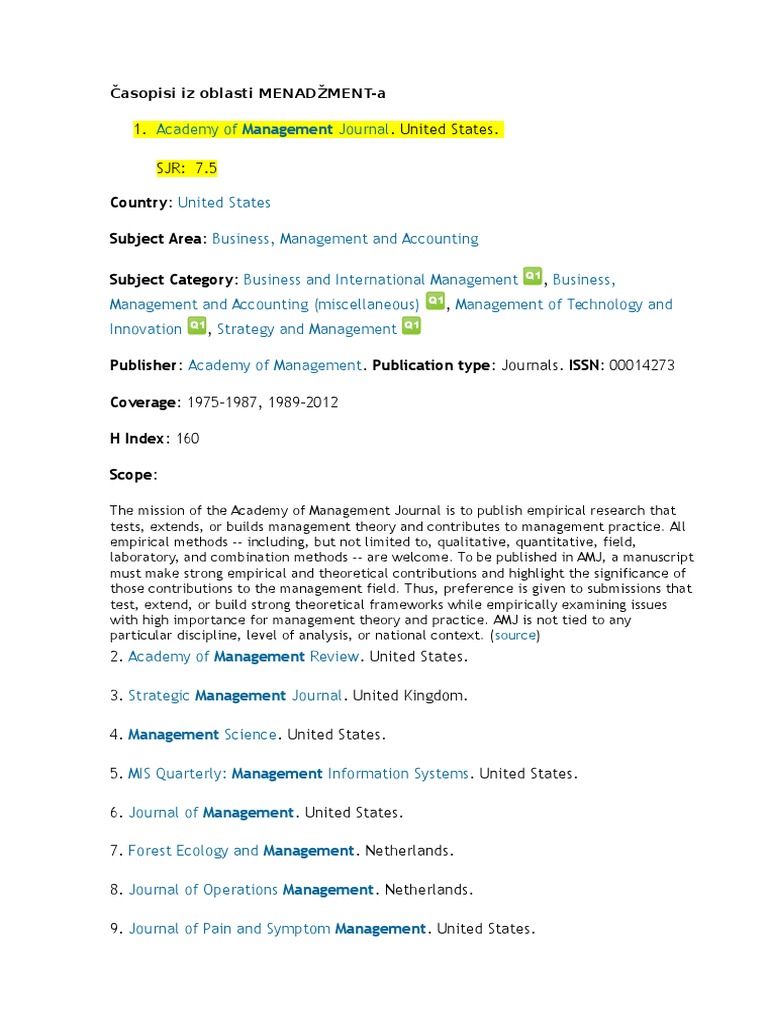 Top Management Journals Overview | PDF | The United States | United Kingdom