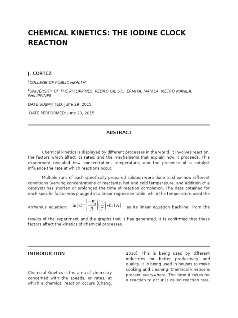 Chemical Kinetics: The Iodine Clock Reaction: J. Cortez | PDF ...