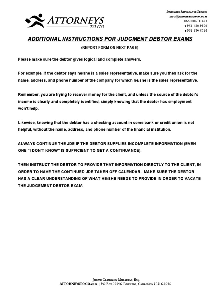 Additional Instructions For Judgment Debtor Exams: (Report Form On Next ...