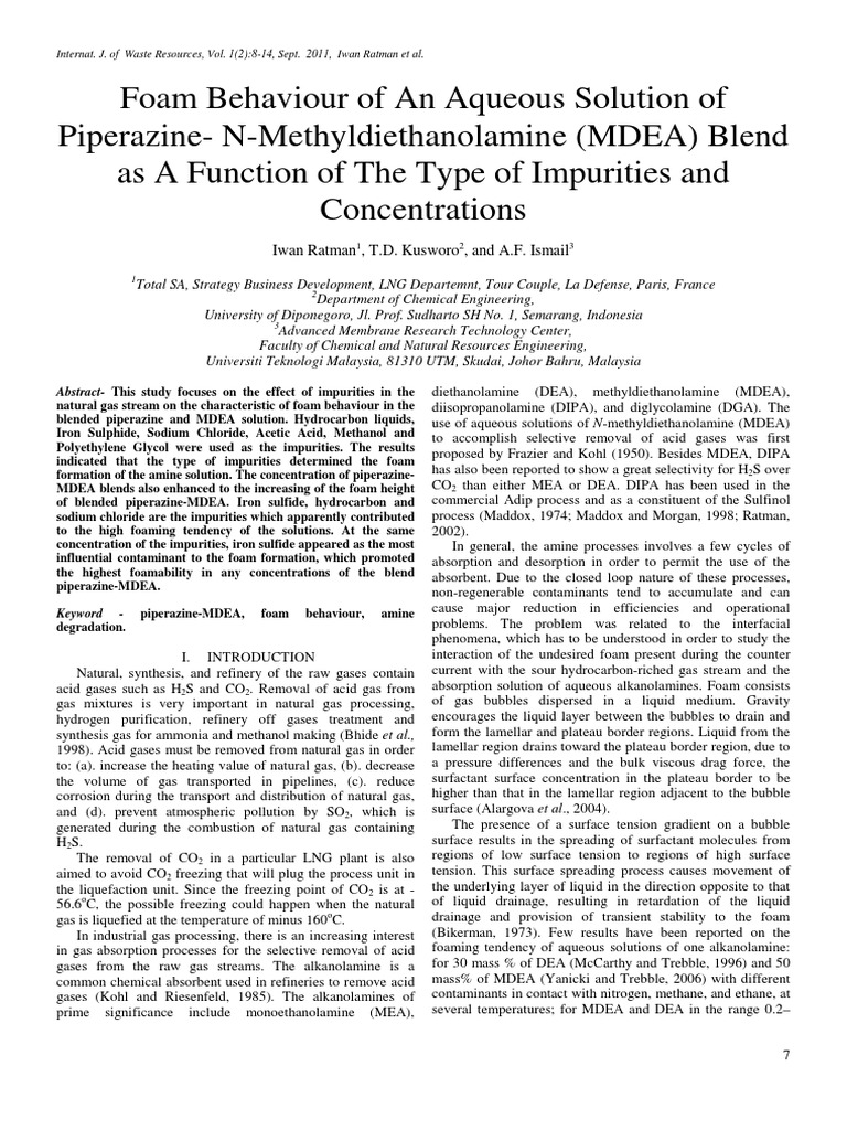The Impact of Various Impurities on the Foam Behavior of Piperazine-N-Methyldiethanolamine ...