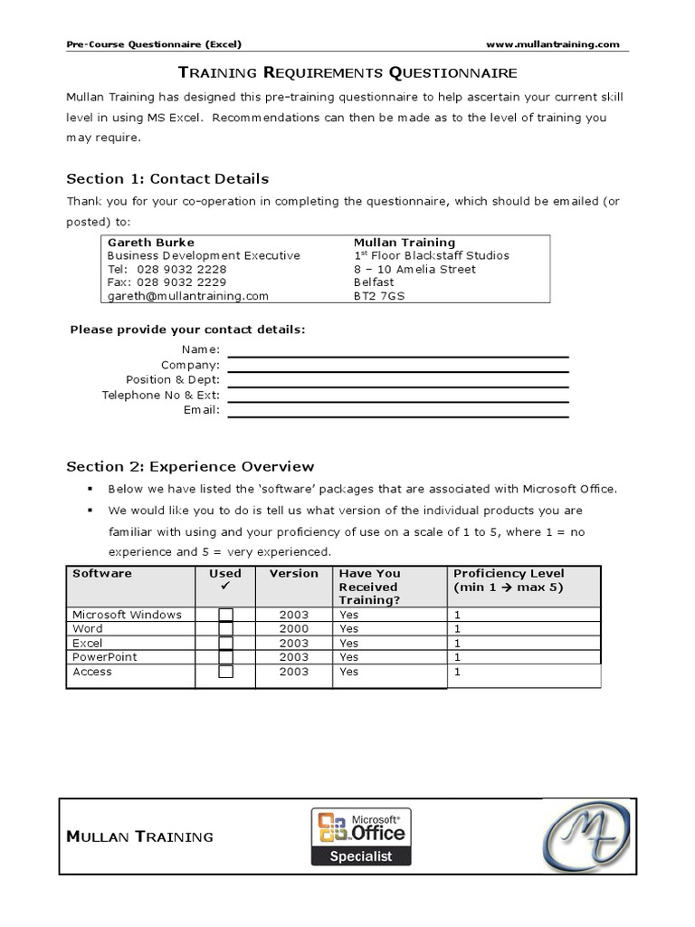 Excel Pre Course Questionnaire | PDF | Microsoft Excel | Worksheet