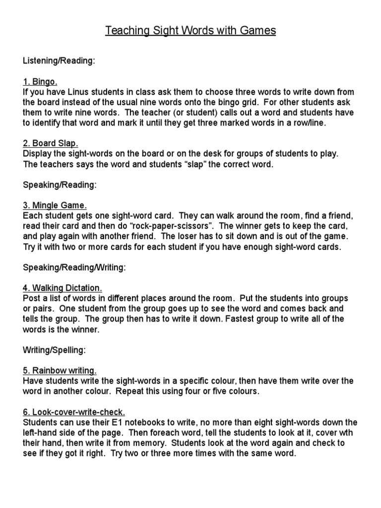 Engaging Sight Word Games for Kids | PDF | Foreign Language Studies