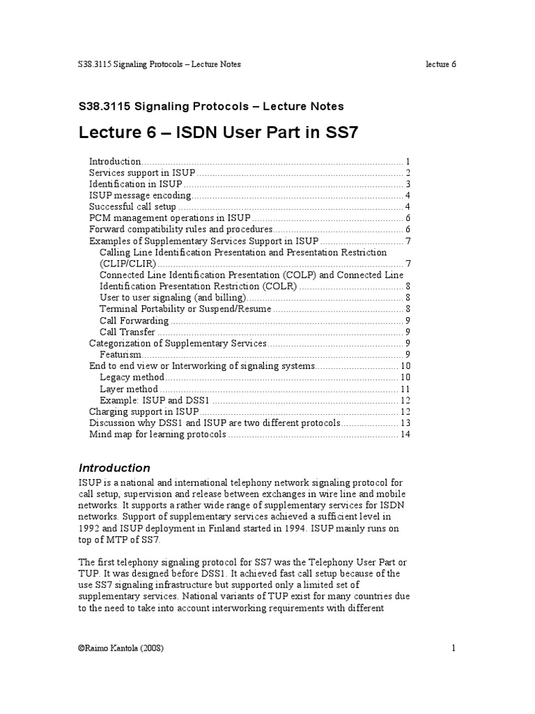 Lecture 6 - ISDN User Part in SS7: S38.3115 Signaling Protocols ...