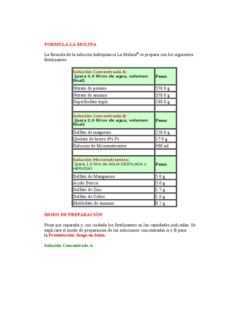 Fórmula Hidropónica La Molina para Lechuga | PDF | Fertilizante ...