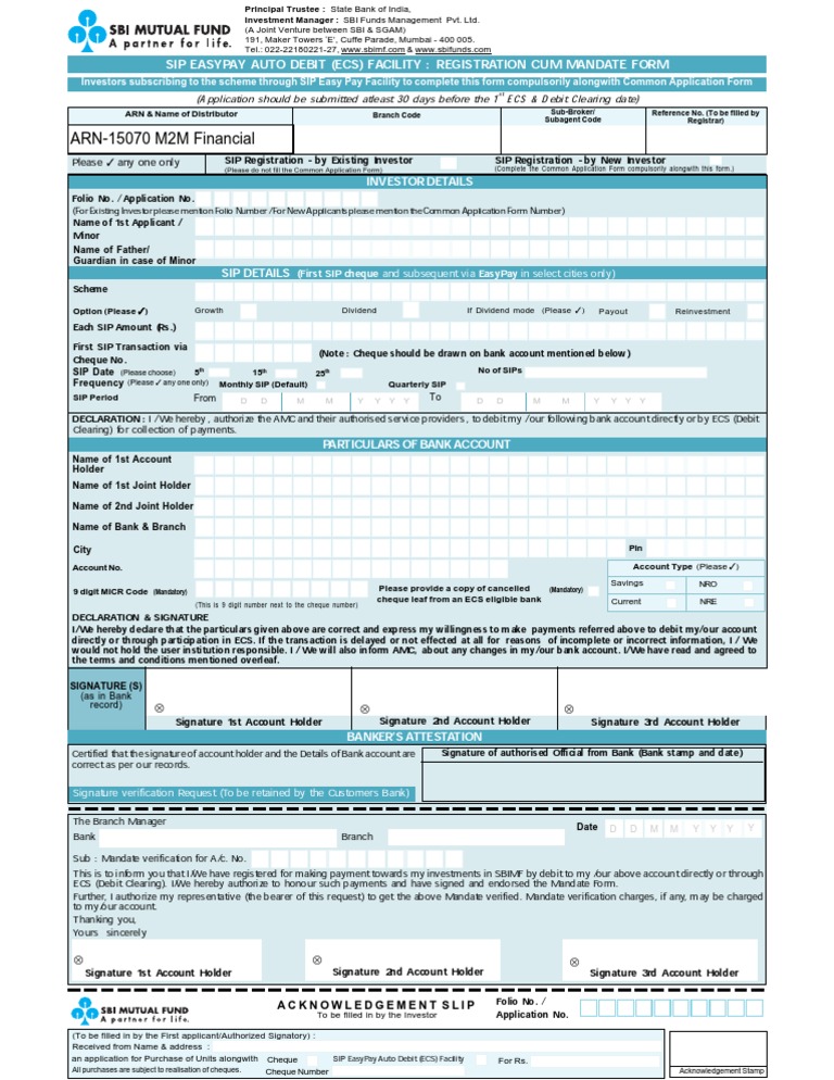 SBI MF SIP ECS Form | PDF | Cheque | Clearing (Finance)