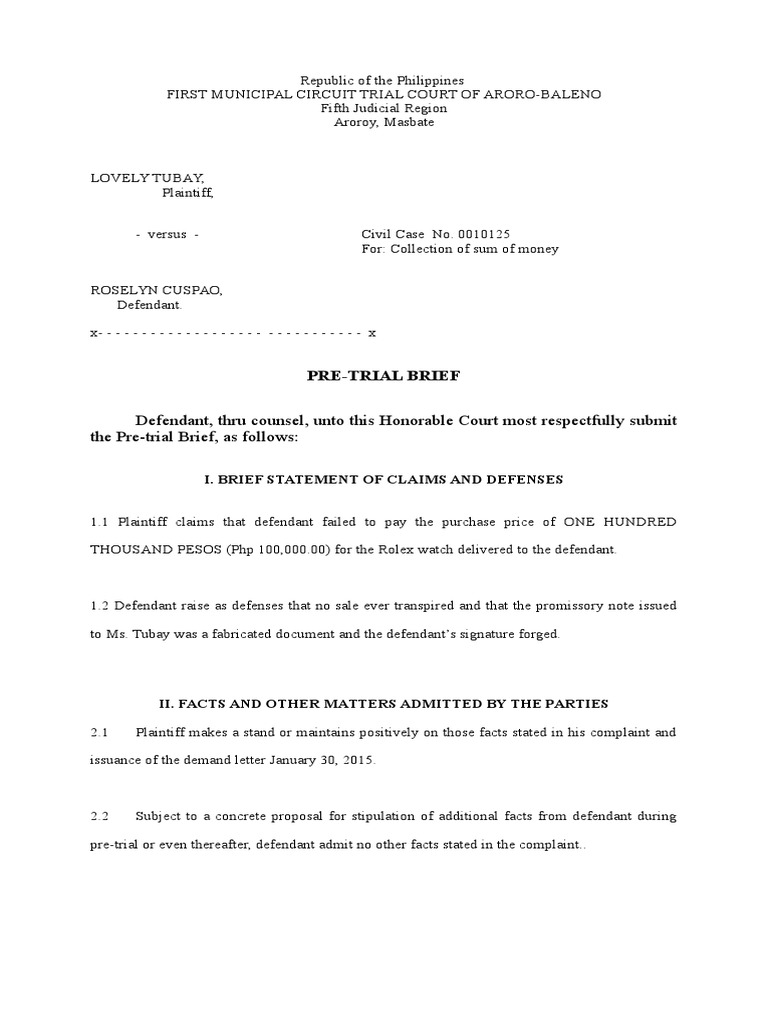 Defendant, Thru Counsel, Unto This Honorable Court Most Respectfully ...