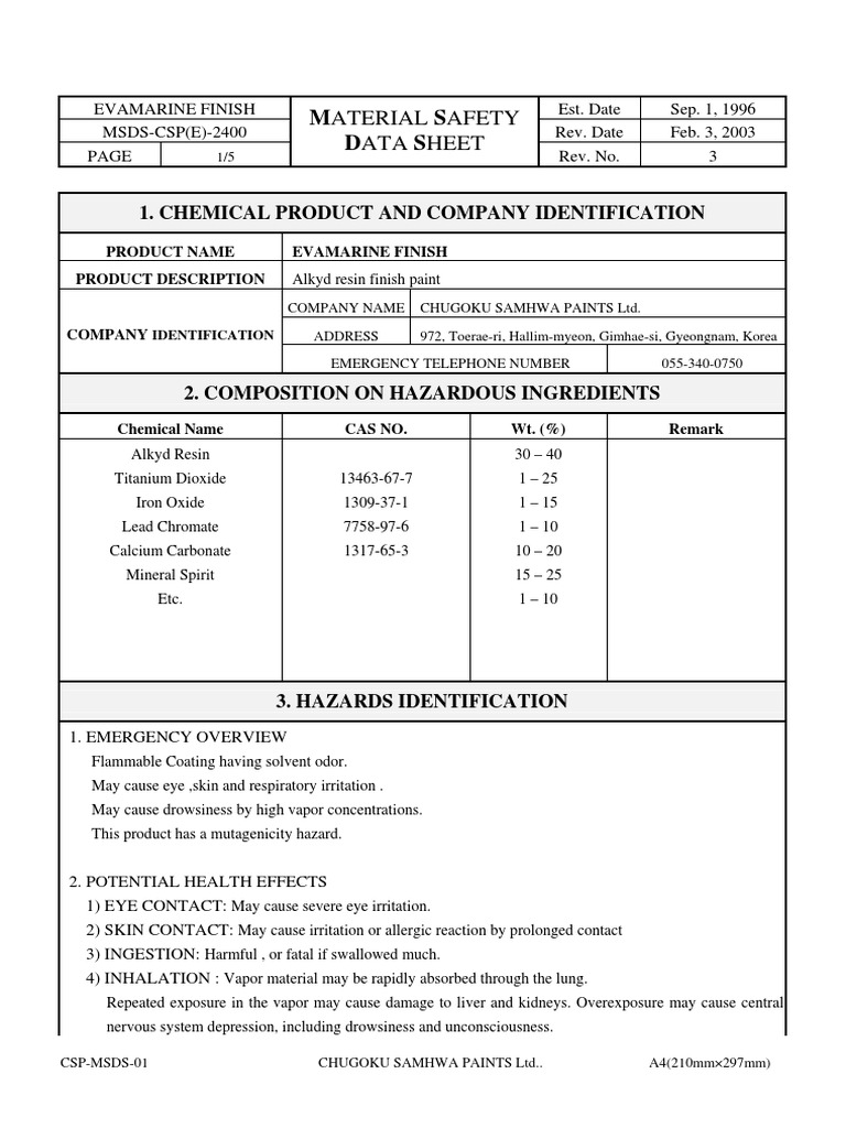 MSDS-CSP E - 2400 Evamarine Finish | PDF | Firefighting | Fires