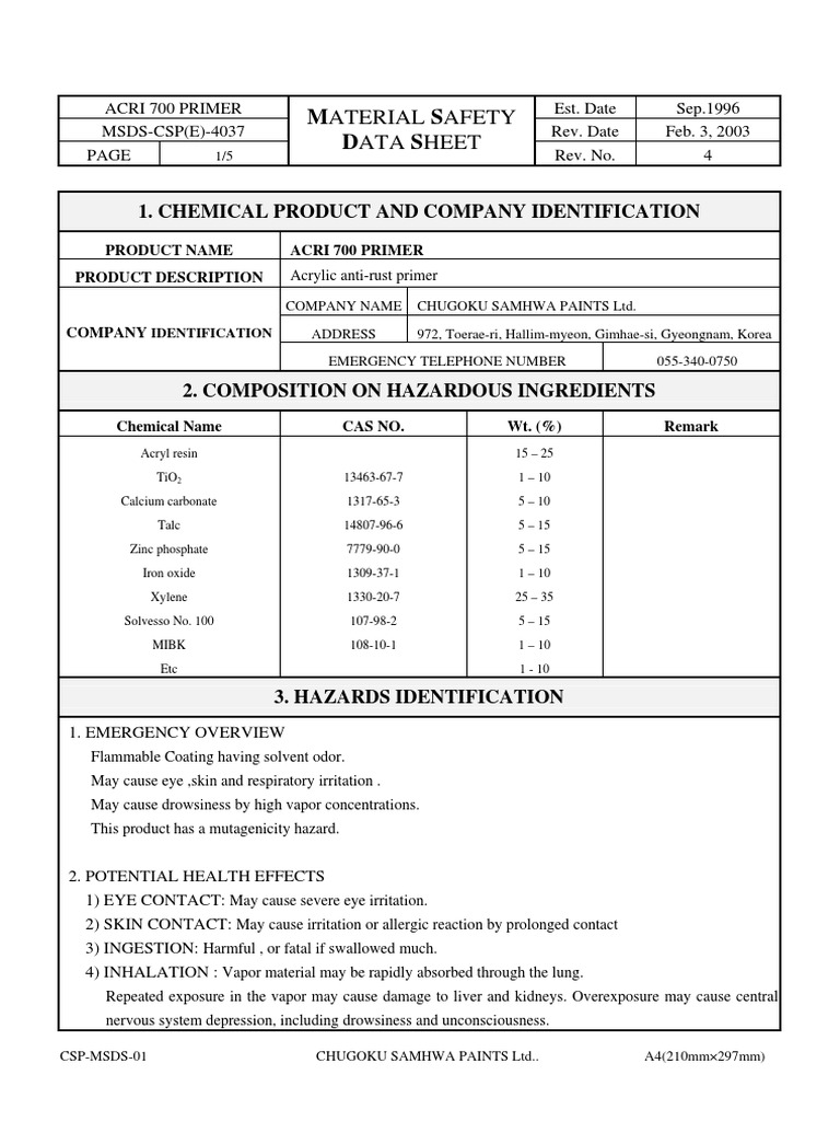 MSDS-CSP e - 4037 Acri 700 Primer | PDF | Firefighting | Fires