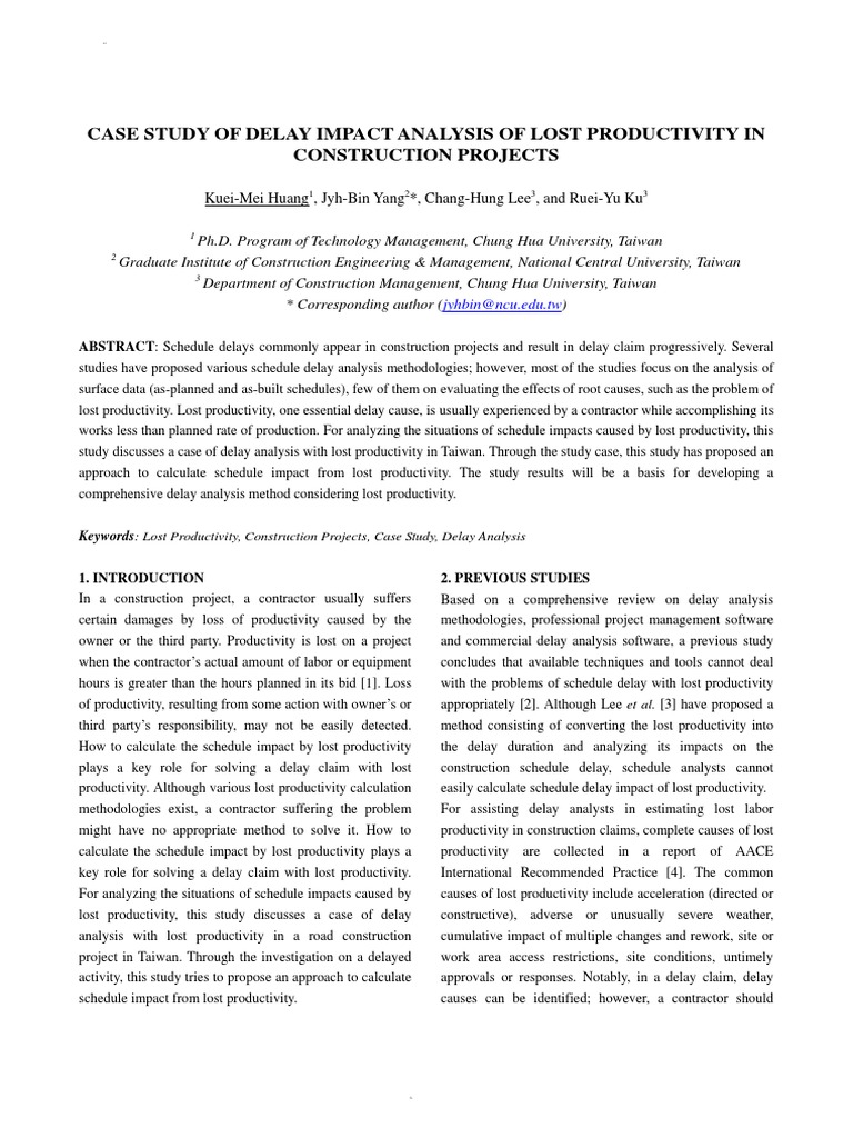 Case Study of Delay Impact Analysis of Lost Productivity in ...