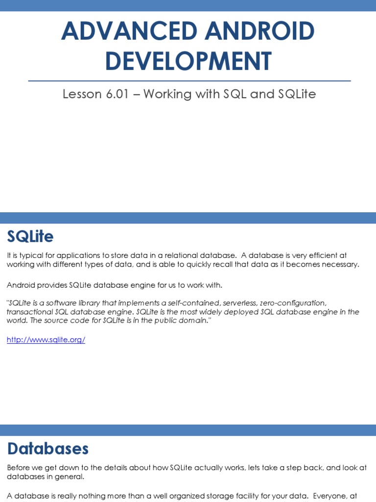 Advanced Android Development Lesson 601 Working With Sql And Sqlite Pdf Sql Databases