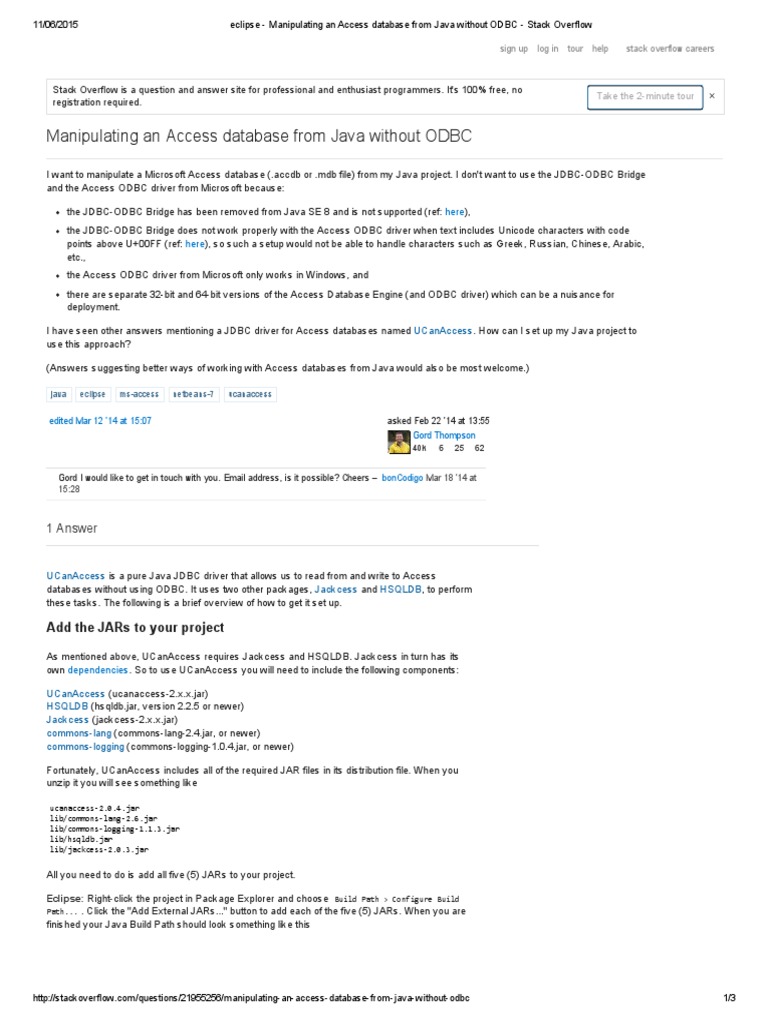 Eclipse Manipulating An Access Database From Java Without Odbc Stack Overflow Pdf Pdf