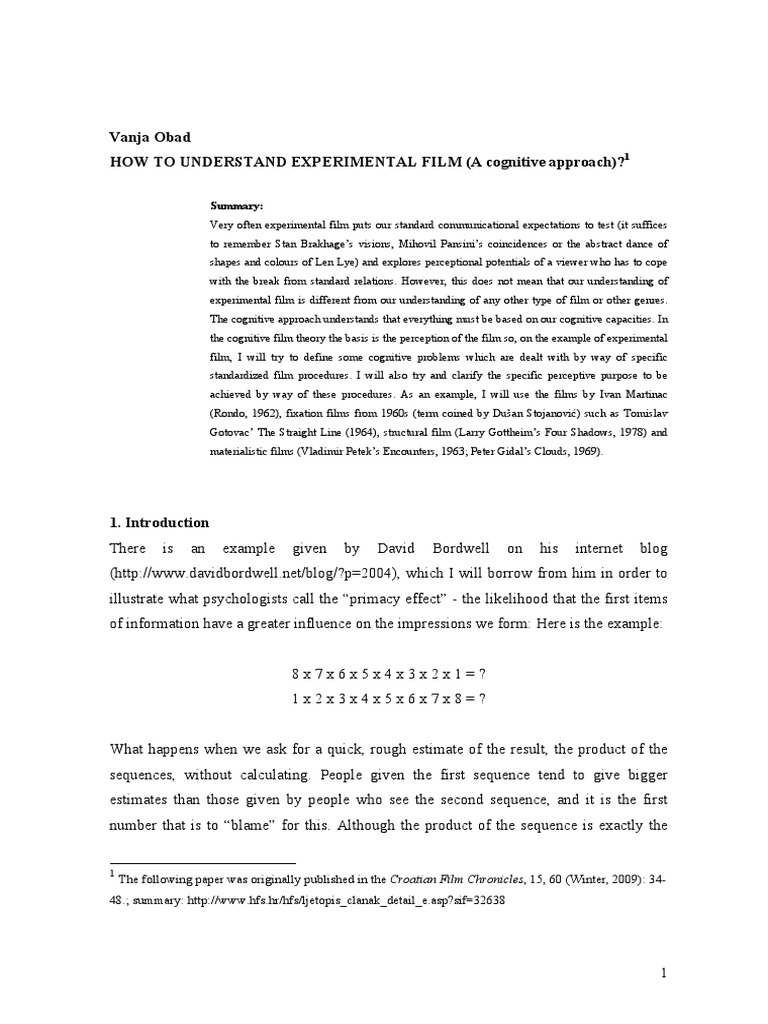 Understanding Experimental Film Cognitively | PDF | Perception | Attention