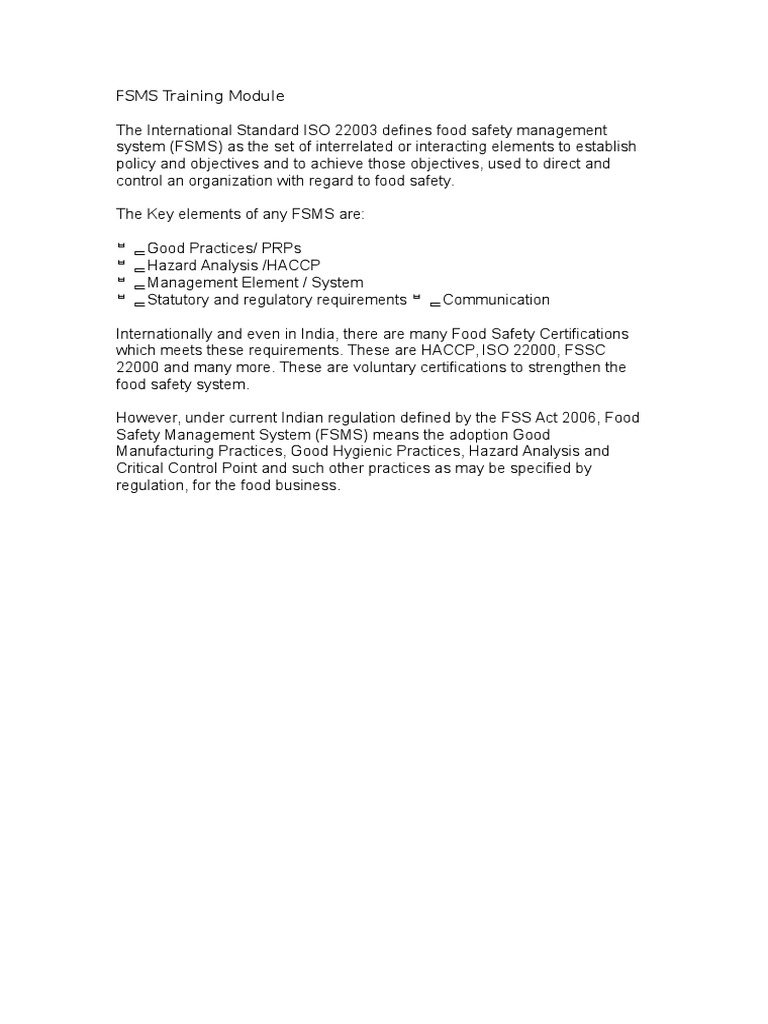 FSMS Training Module | PDF | Food Safety | Safety