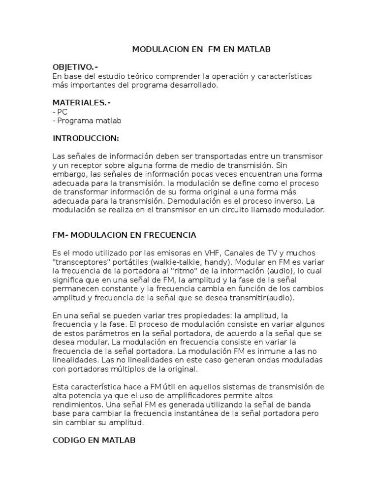 Modulacion en FM en Matlab | PDF | Modulación de frecuencia | Modulación