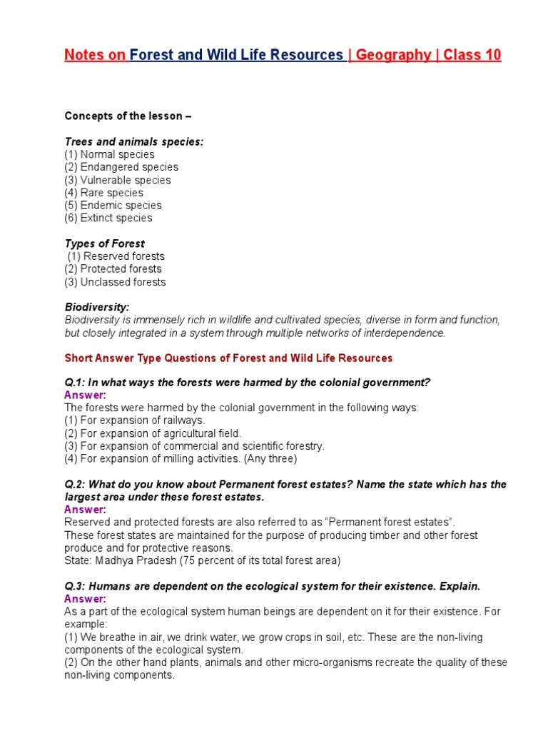 Notes On Forest and Wild Life Resources | PDF | Habitat Destruction ...
