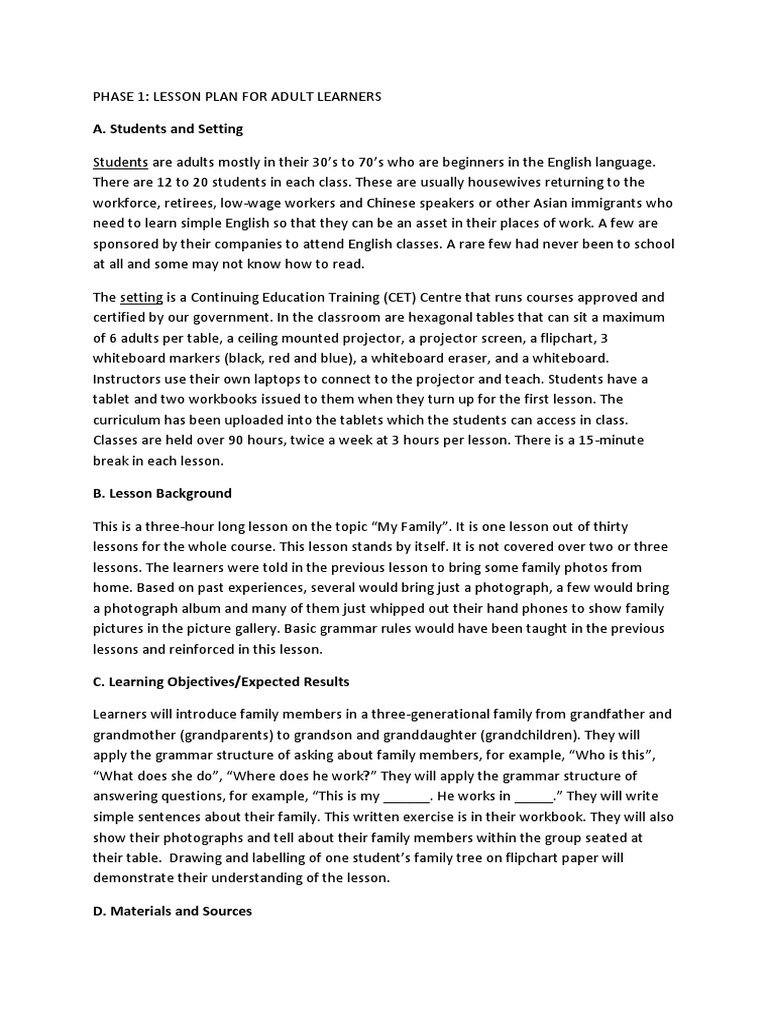 Lesson Plan for Adult Learners | Lesson Plan | Cognition