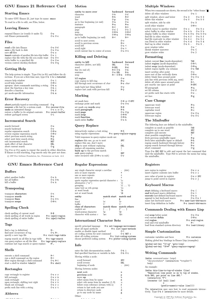 GNU Emacs 21 Reference Card | PDF | Regular Expression | C (Programming Language)