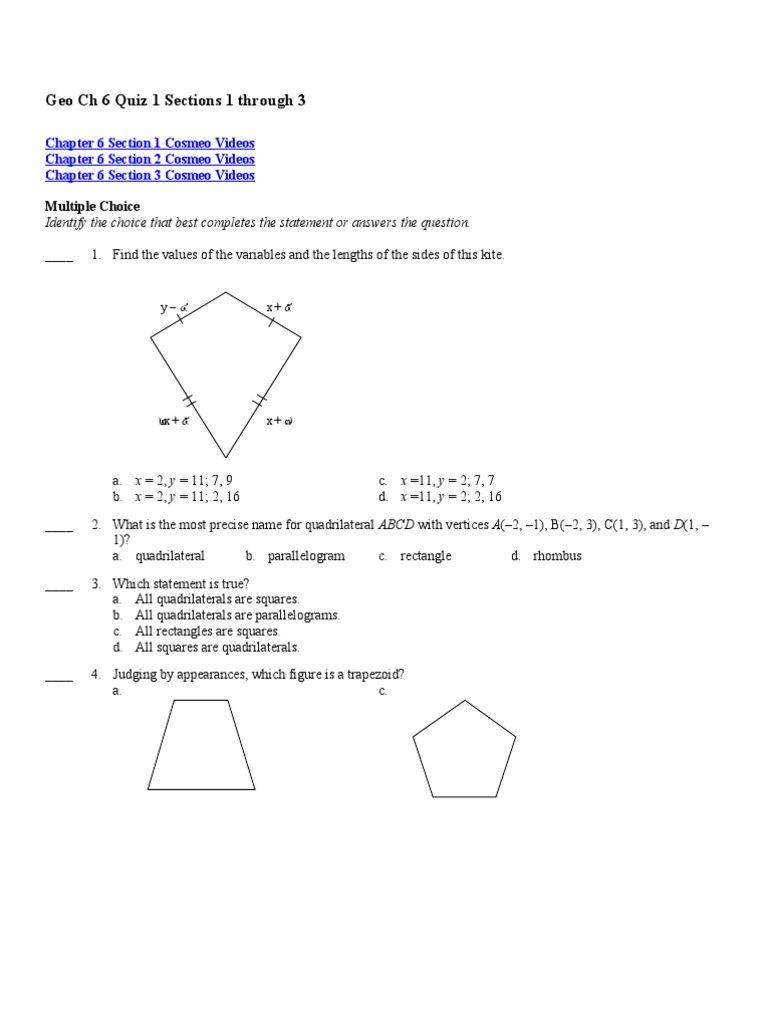 Geo Ch 6 Quiz 1 Pdf Elementary Mathematics Euclidean Plane Geometry