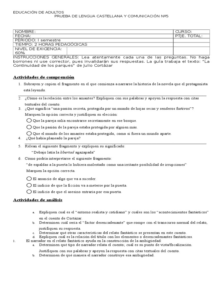 Actividades sobre "La Continuidad de los Parques" | PDF | Cuentos ...