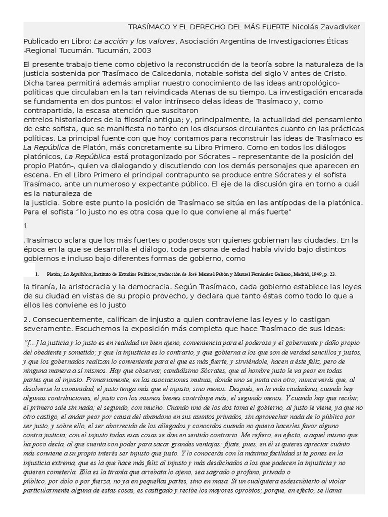Trasímaco y El Derecho Del Más Fuerte | PDF | Platón | Justicia