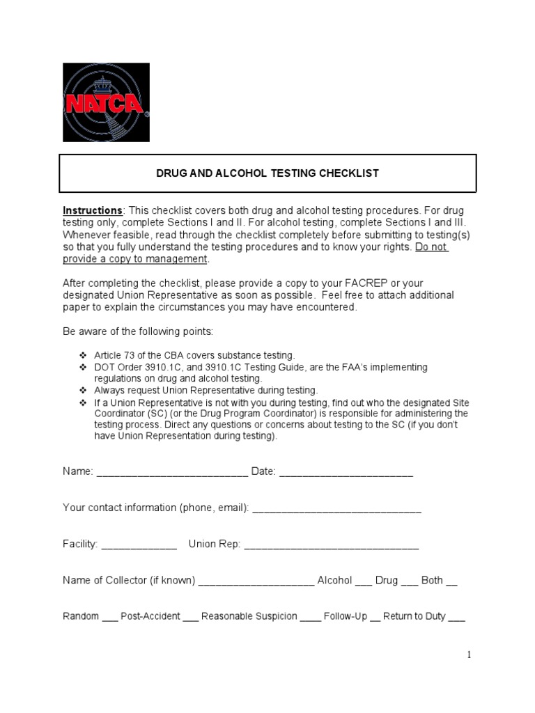 Drug and Alcohol Testing Checklist | PDF | Drug Test | Government