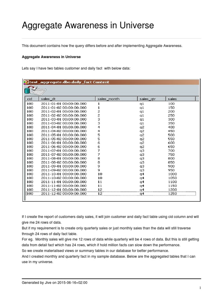 Aggregate Awareness | PDF | Table (Database) | Databases